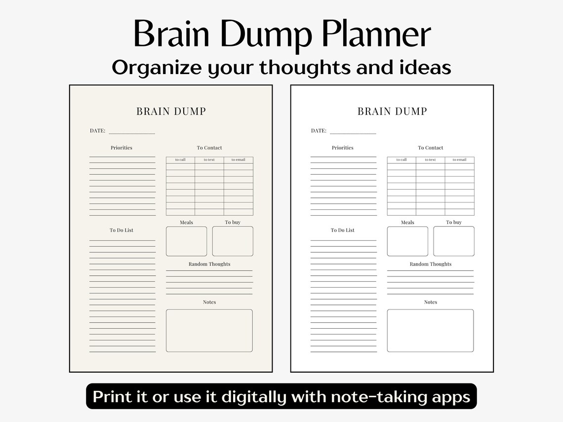 Brain Dump Bundle Template, Printable Brain Dump Planner, Ideas ...