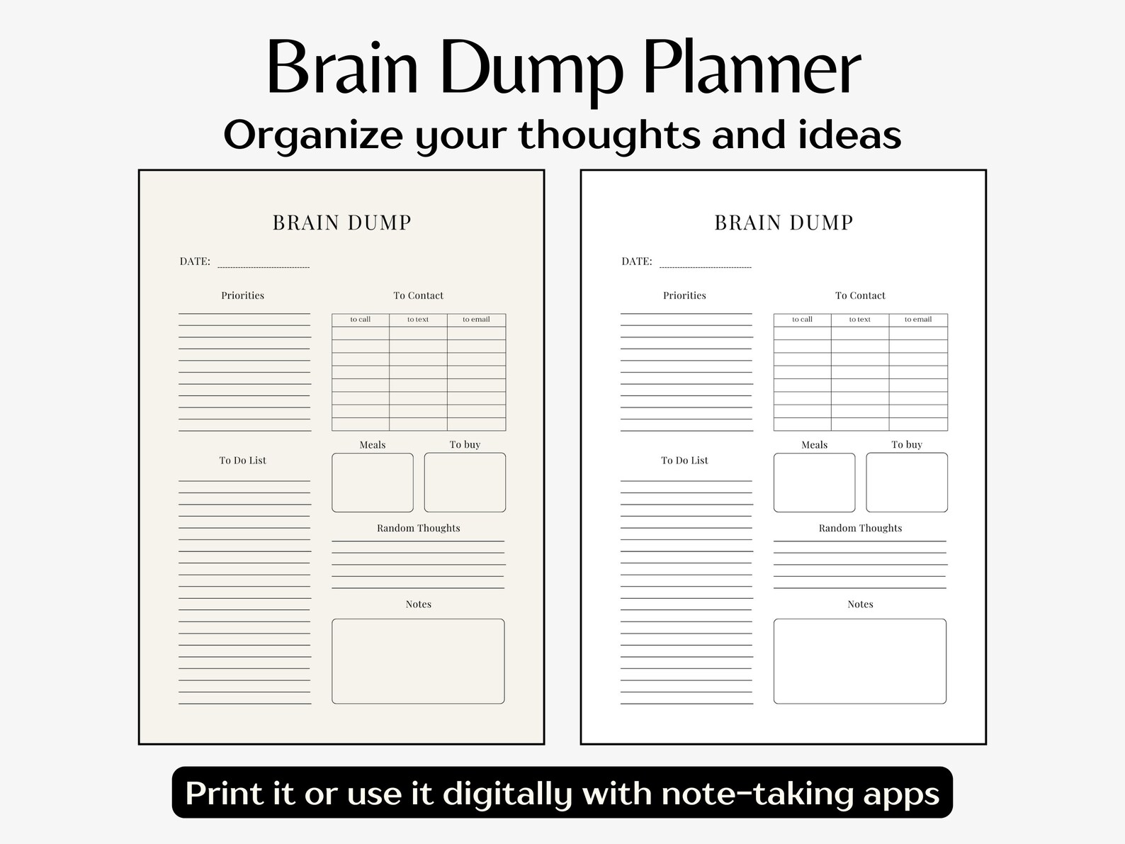 Brain Dump Bundle Template, Printable Brain Dump Planner, Ideas ...