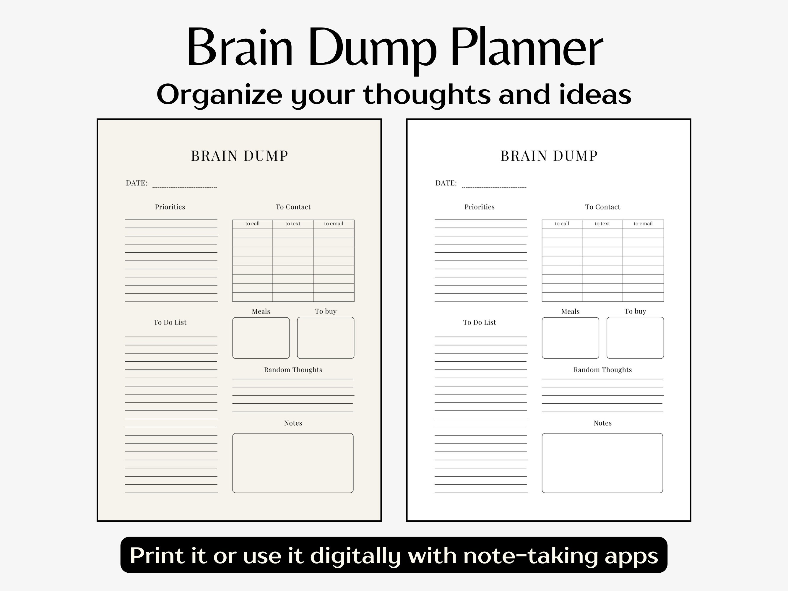 Brain Dump Bundle Template, Printable Brain Dump Planner, Ideas ...