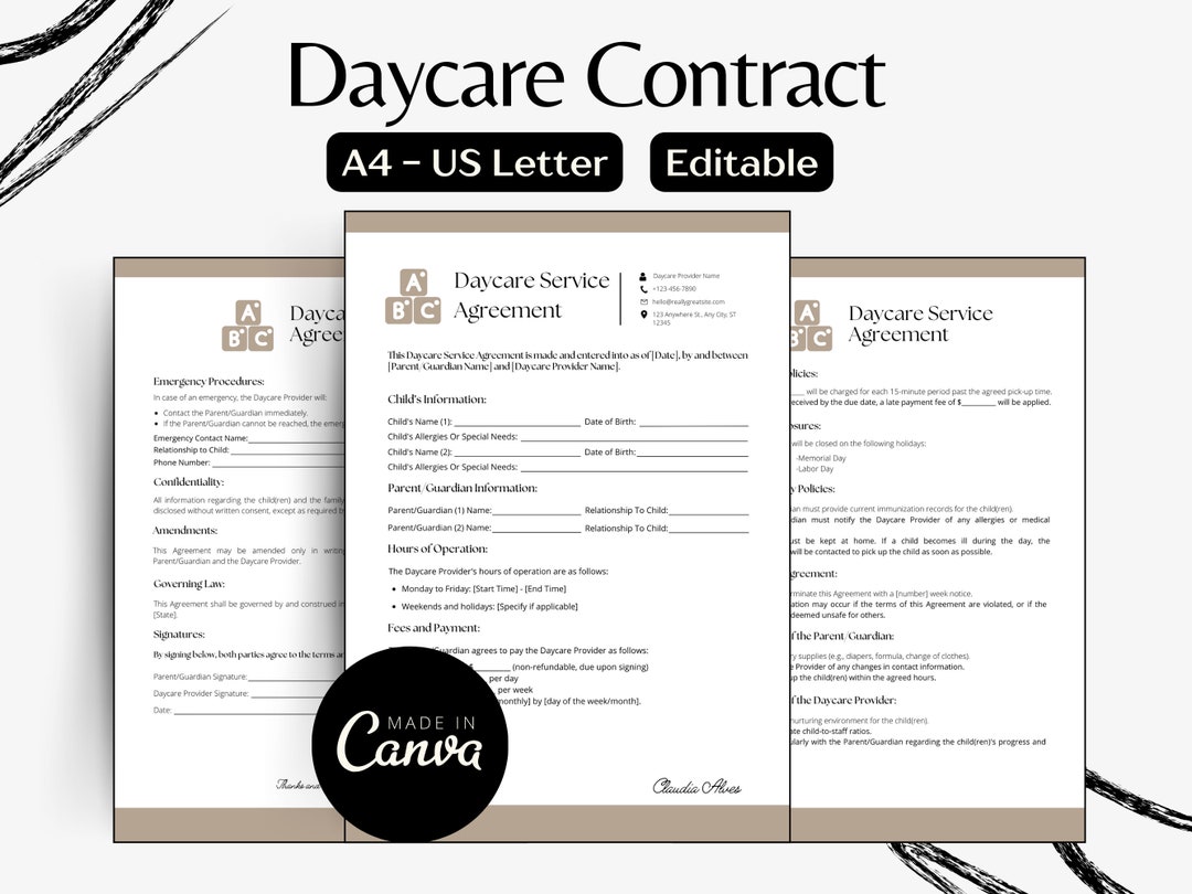 Daycare Contract Template Kindergarten Client Agreement Babysitter ...