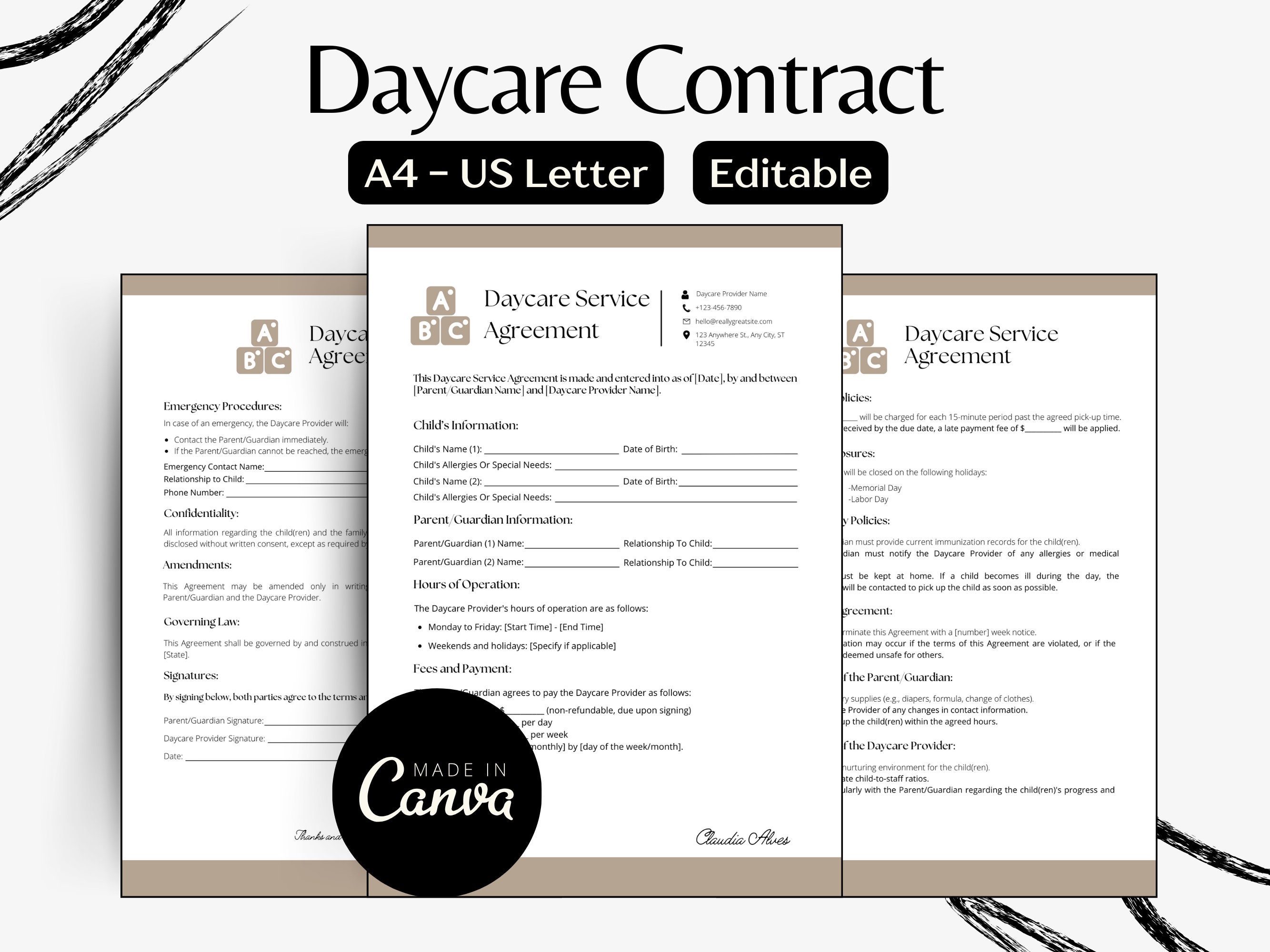 Daycare Contract Template Kindergarten Client Agreement Babysitter ...