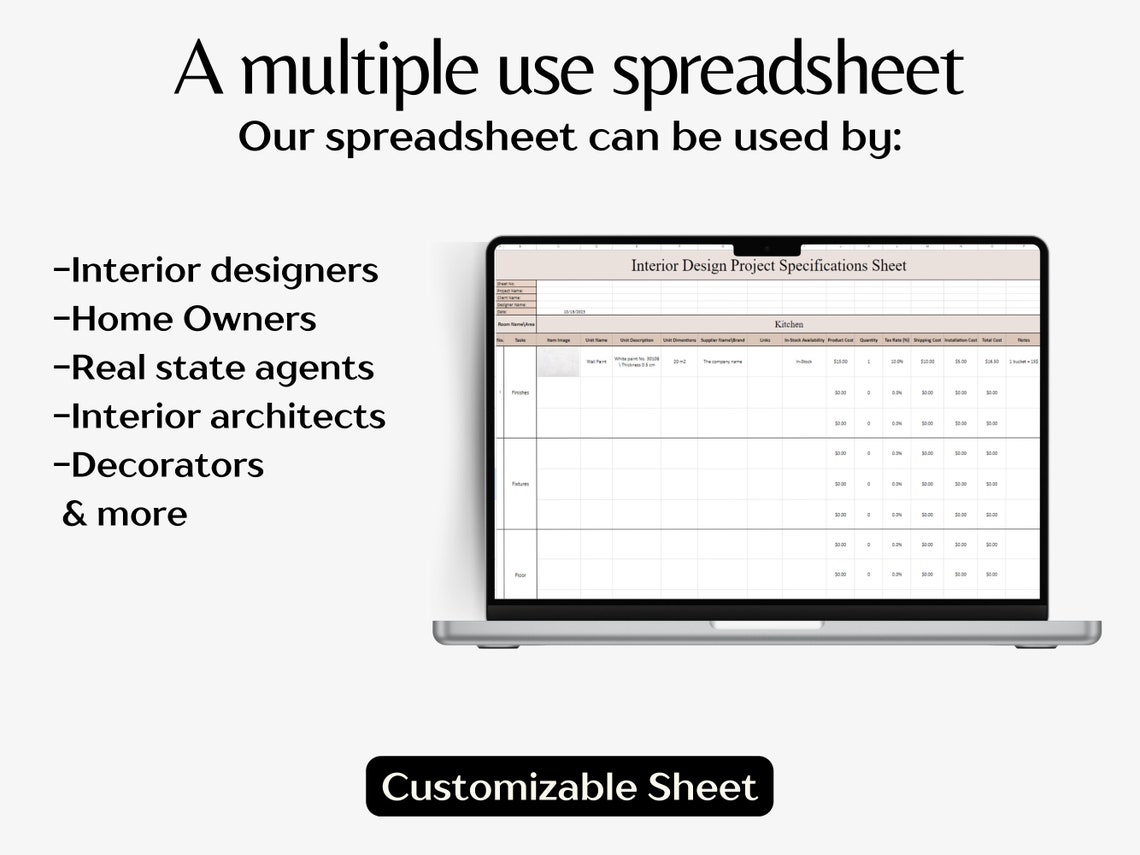 Interior Design Specification Google Sheets Excel Template FFE Interior Design Project ...