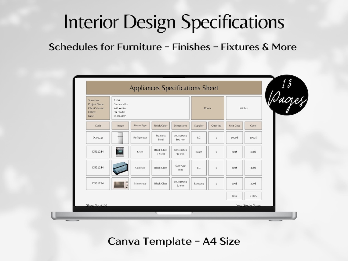 Interior Design Specification Template, FFE Interior Design Canva ...