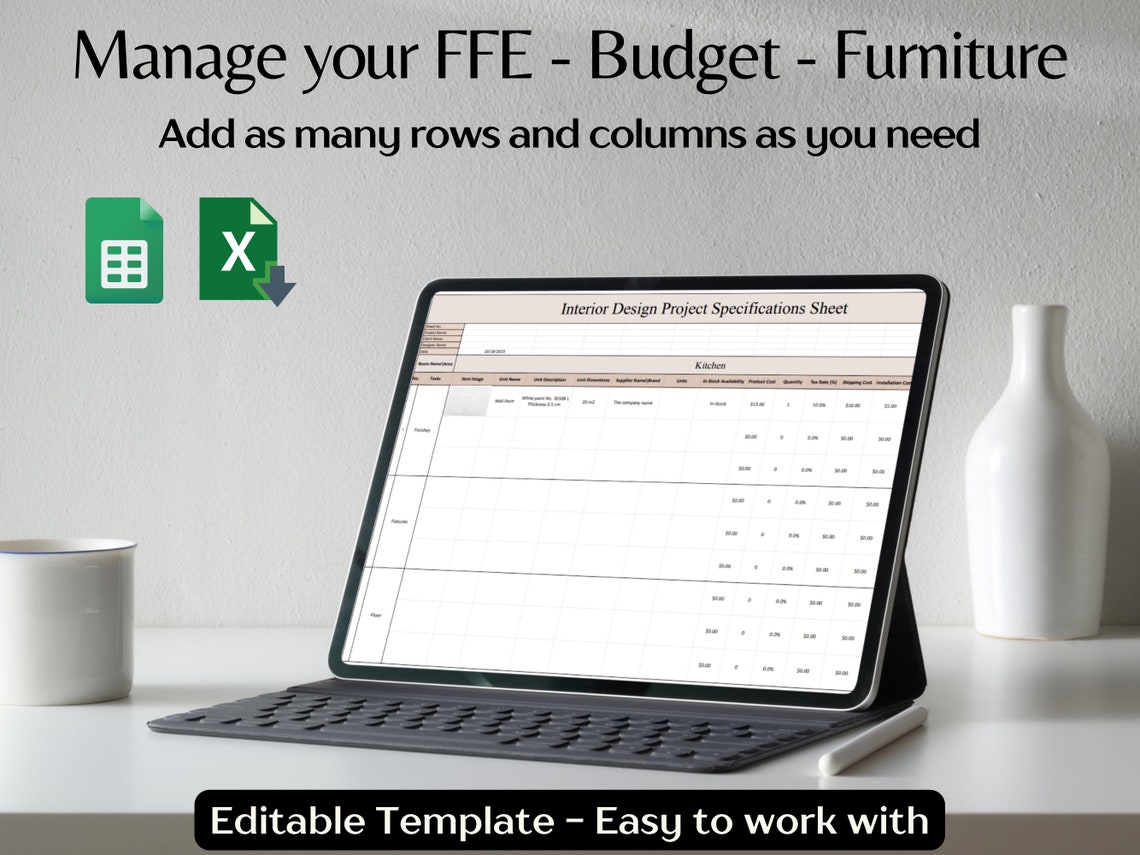 Interior Design Specification Google Sheets Excel Template FFE Interior Design Project ...