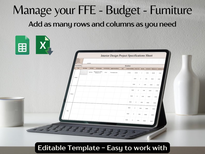 Interior Design Specification Google Sheets Excel Template FFE Interior ...