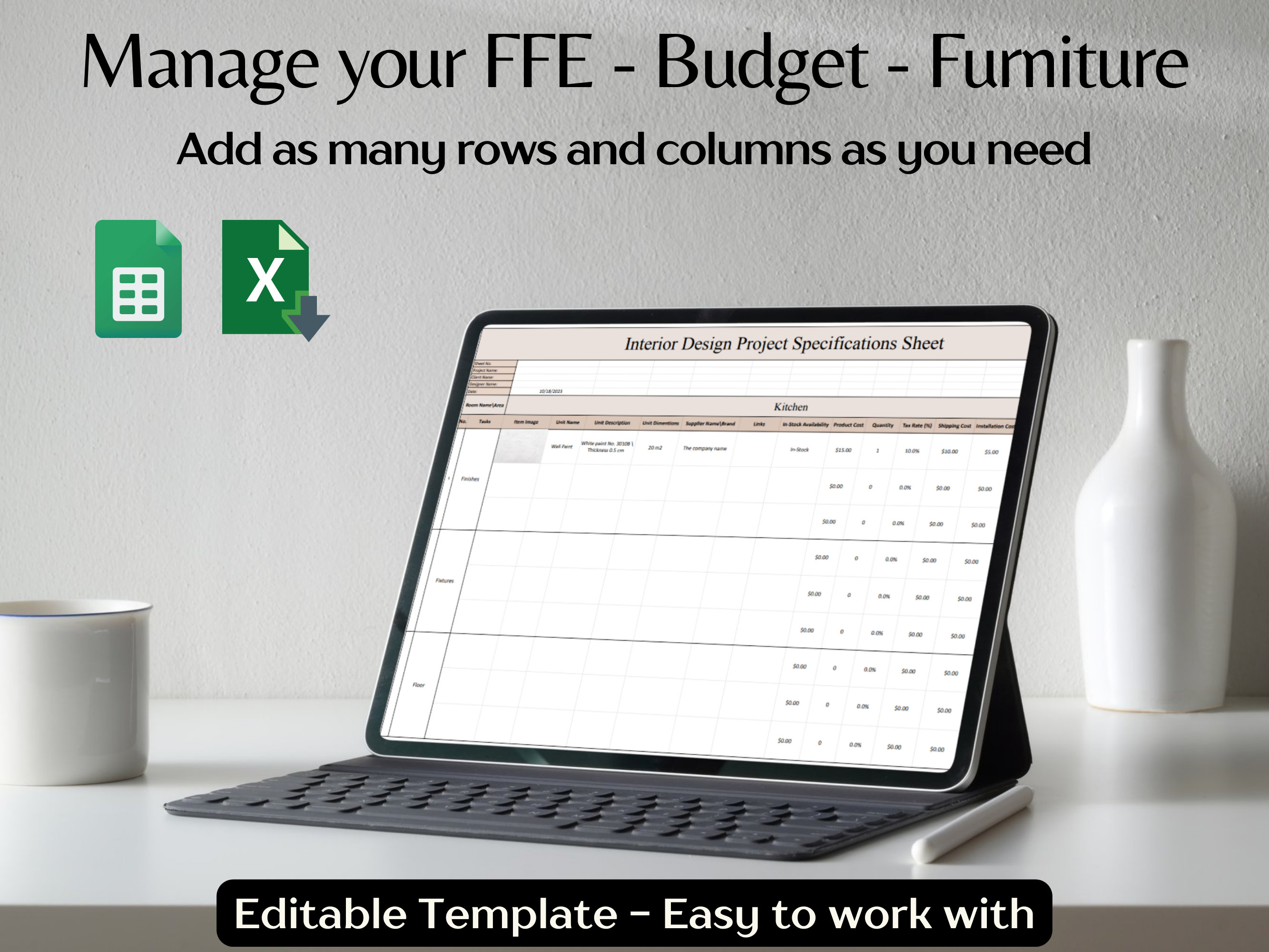 Interior Design Specification Google Sheets Excel Template FFE Interior ...