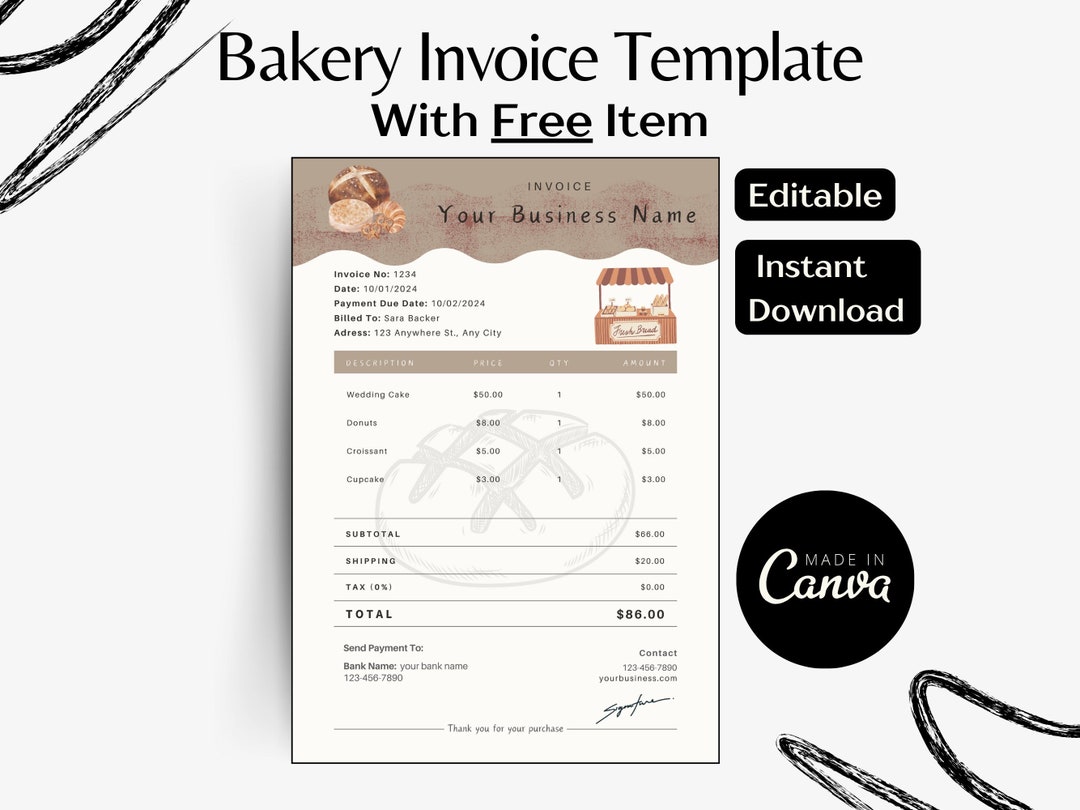 Bakery Business Invoice Template Editable Receipt Canva Template for ...