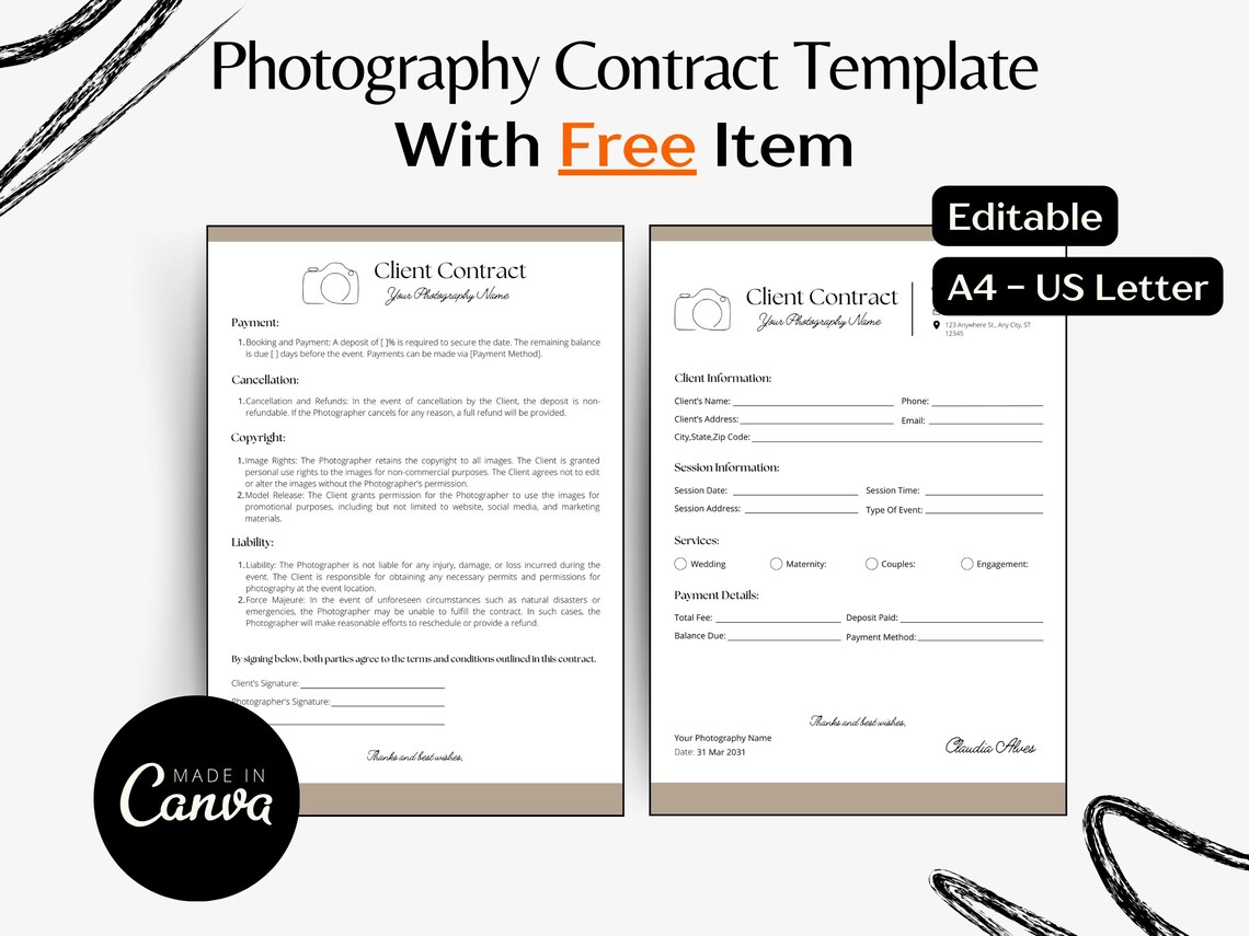 Photography Contract Template Photographer Client Agreement Photo ...