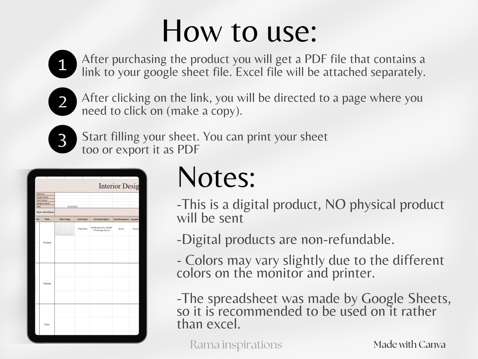 Interior Design Specification Google Sheets Excel Template FFE Interior ...