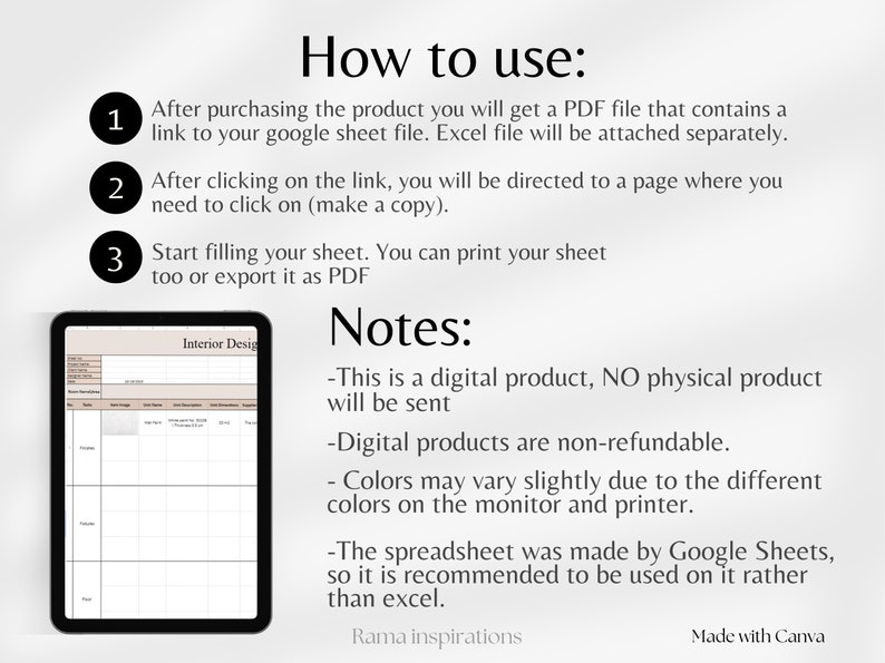 Interior Design Specification Google Sheets Excel Template FFE Interior ...