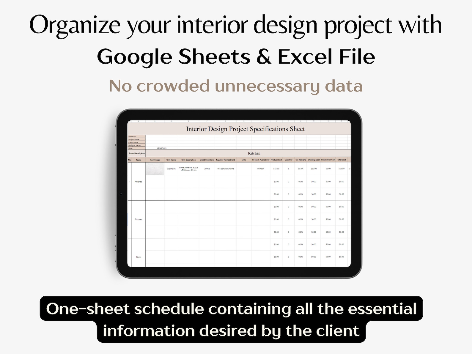 Interior Design Specification Google Sheets Excel Template FFE Interior ...