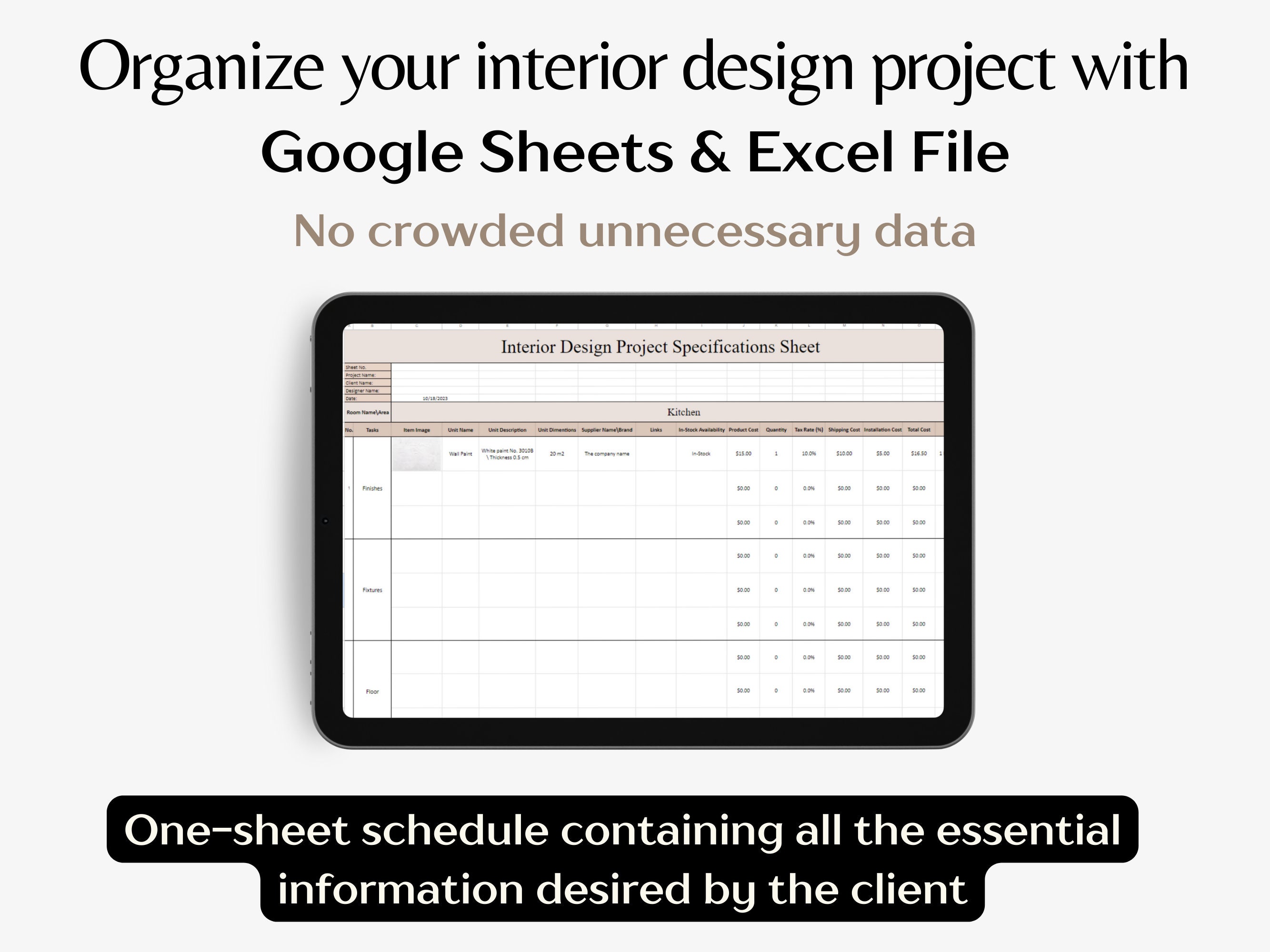 Interior Design Specification Google Sheets Excel Template FFE Interior ...