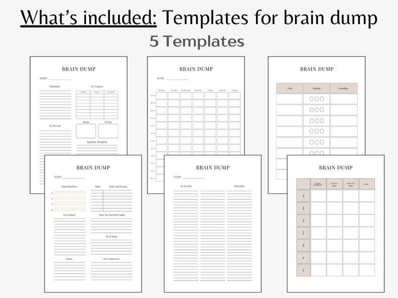Brain Dump Bundle Template, Printable Brain Dump Planner, Ideas ...