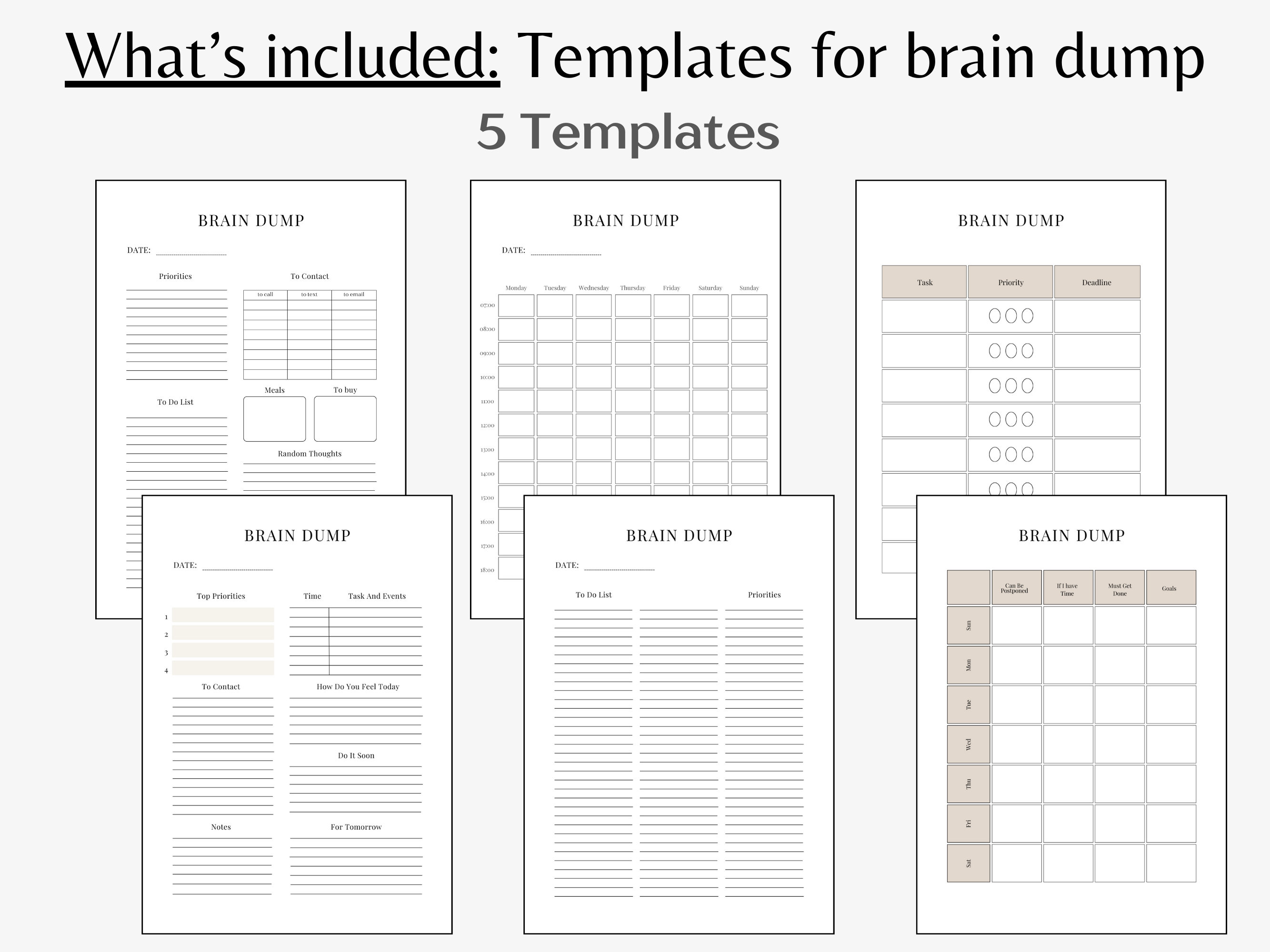 Brain Dump Bundle Template, Printable Brain Dump Planner, Ideas ...