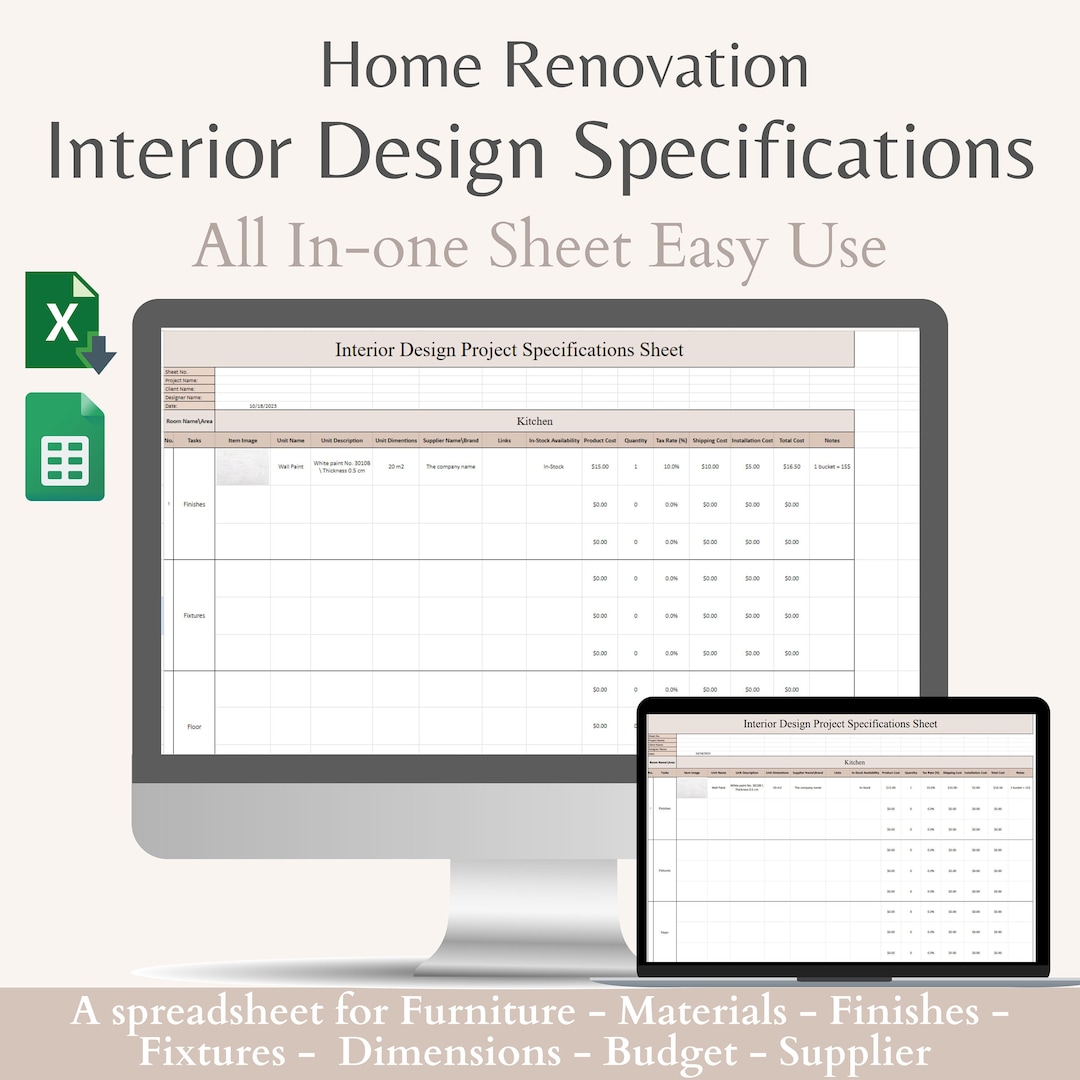 Interior Design Specifications Spreadsheet Home Renovation Interior Project Planner Budget ...