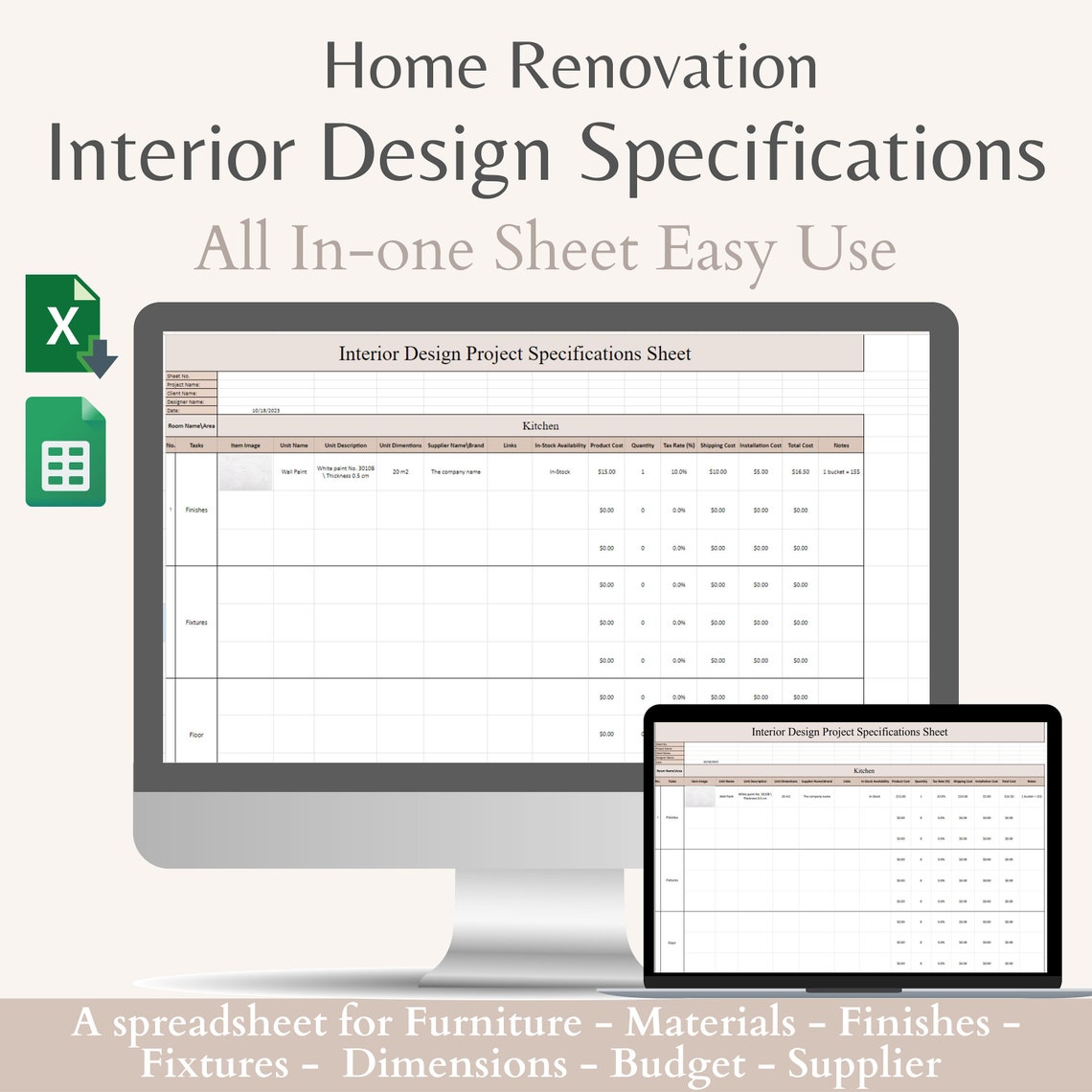 Interior Design Specifications Spreadsheet Home Renovation Interior ...