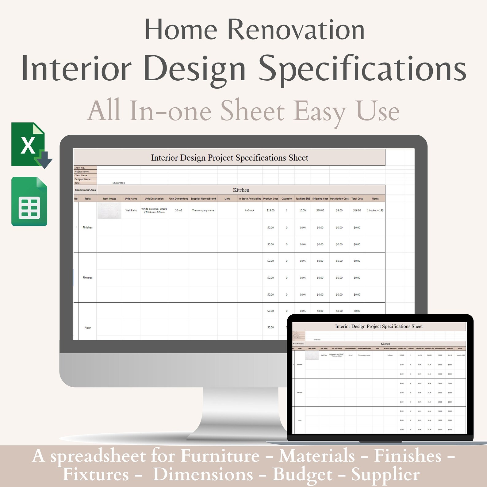 Interior Design Specifications Spreadsheet Home Renovation Interior ...