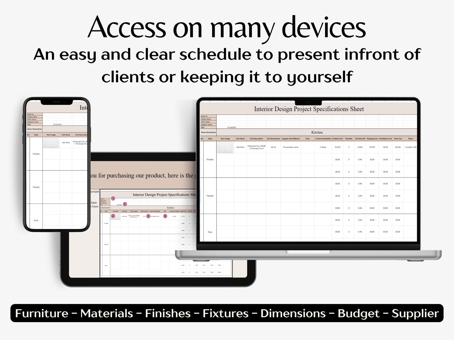 Interior Design Specification Google Sheets Excel Template FFE Interior ...