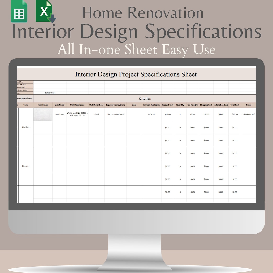 Interior Design Specifications Template Excel Template FFE Interior ...