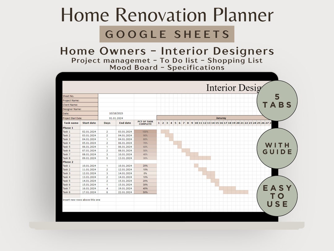 Home Renovation Planner Interior Design Spreadsheet House Improvement ...