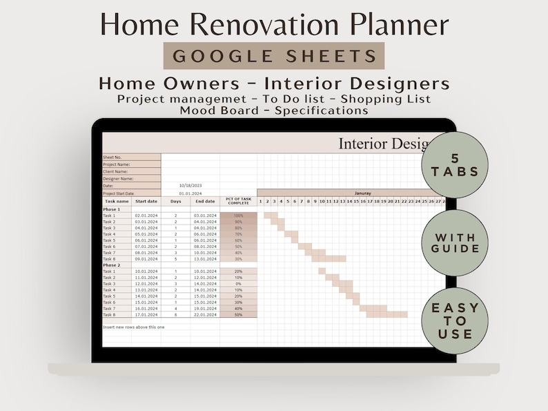 Home Renovation Planner Interior Design Spreadsheet House Improvement ...