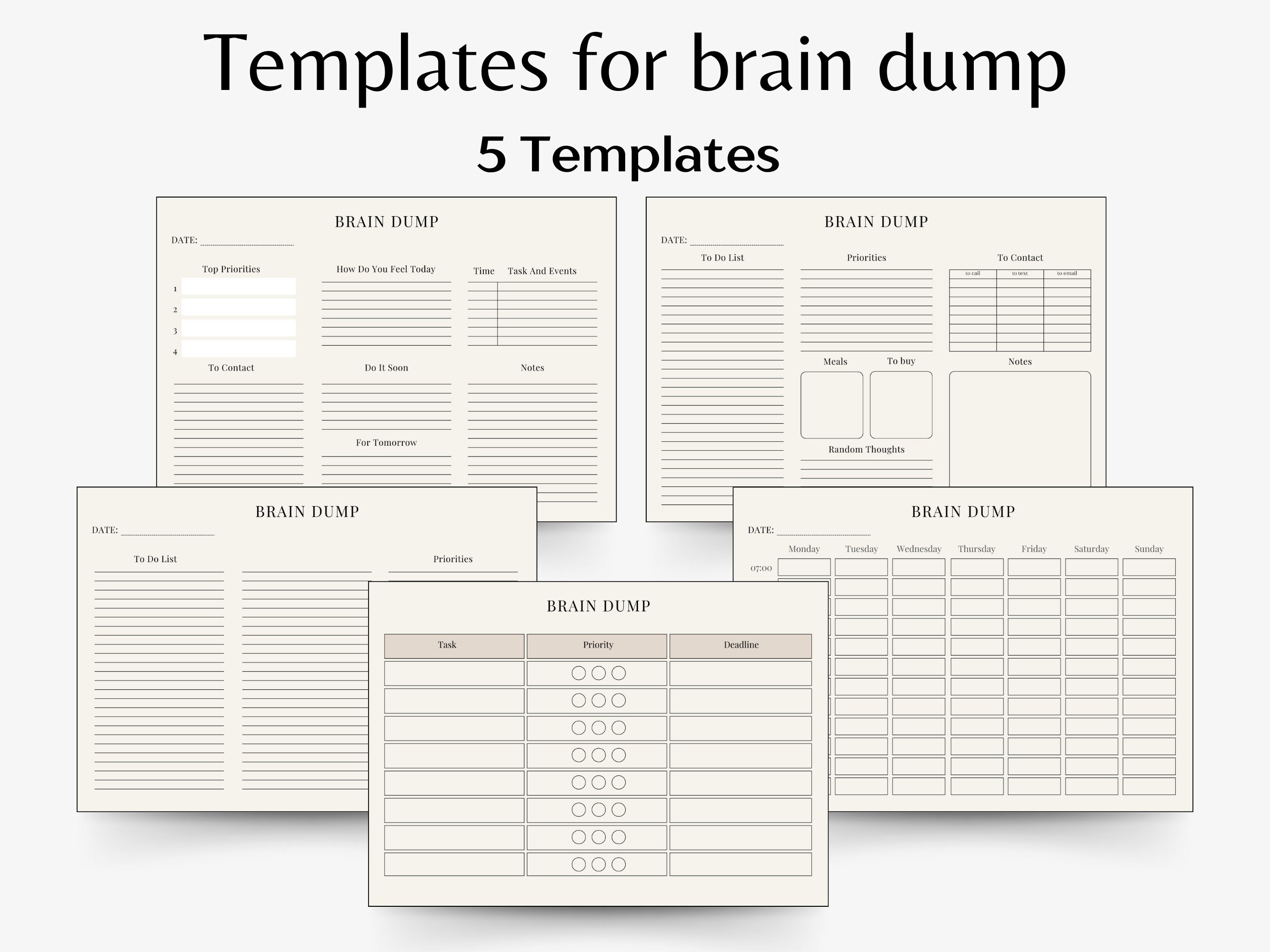 Brain Dump Planner Bundle Mind Map Template ADHD Weekly Planner Daily ...