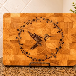 Rubberwood Butcher Block, Woodburned Hummingbird Floral Design, End ...