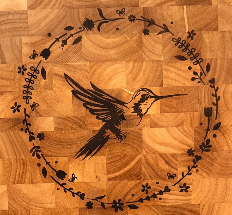 Rubberwood Butcher Block, Woodburned Hummingbird Floral Design, End ...