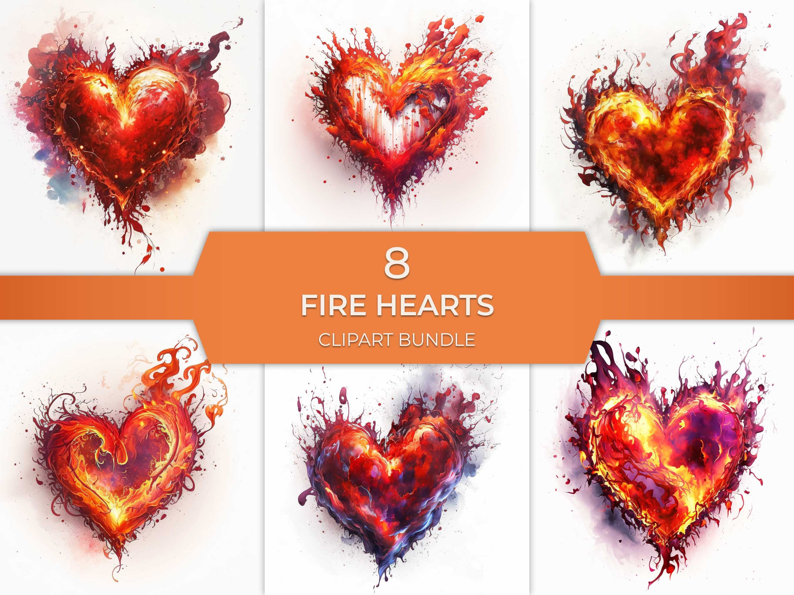 8 Fire Hearts Clipart With Full Commercial Use, 300 DPI Pngs, Red and ...