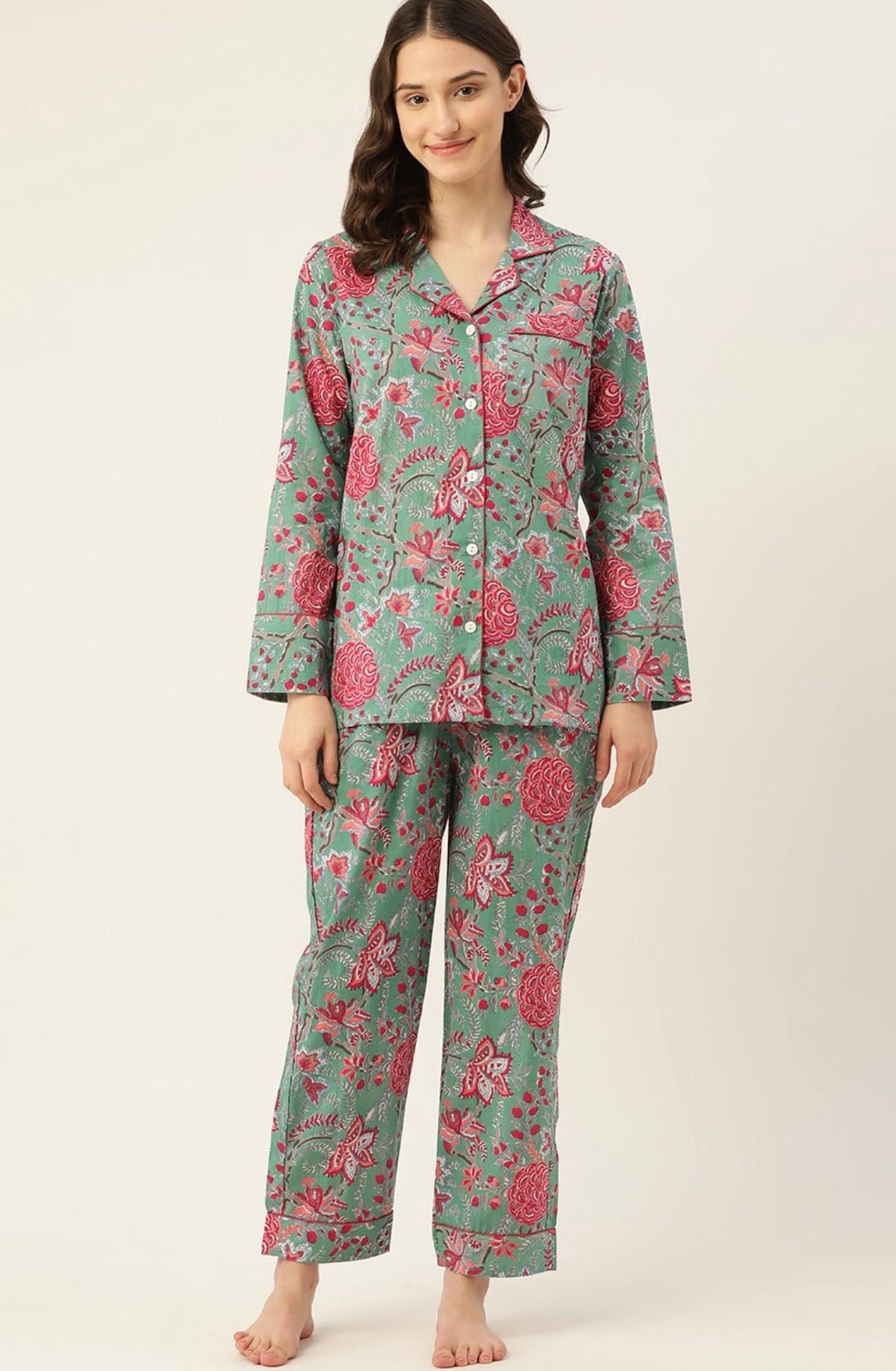 Floral Sage 100% Cotton Night Suit With Matching Eye Mask - Etsy