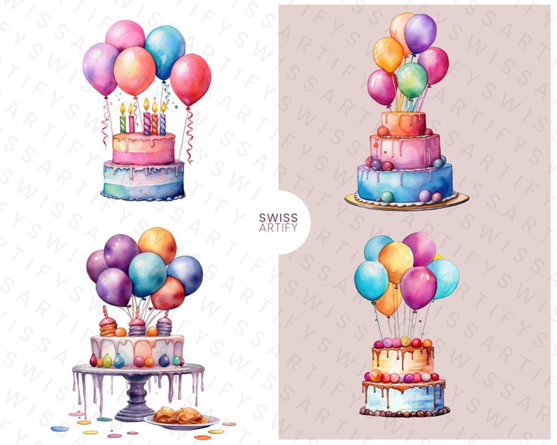 Birthday Party Clipart Bundle | Watercolor Cake Presents Balloons ...
