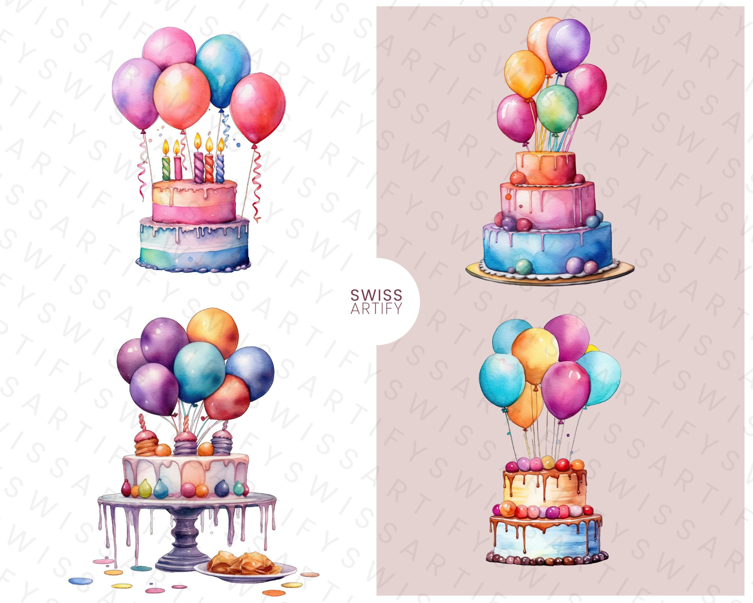 Birthday Party Clipart Bundle Watercolor Cake Presents - Etsy