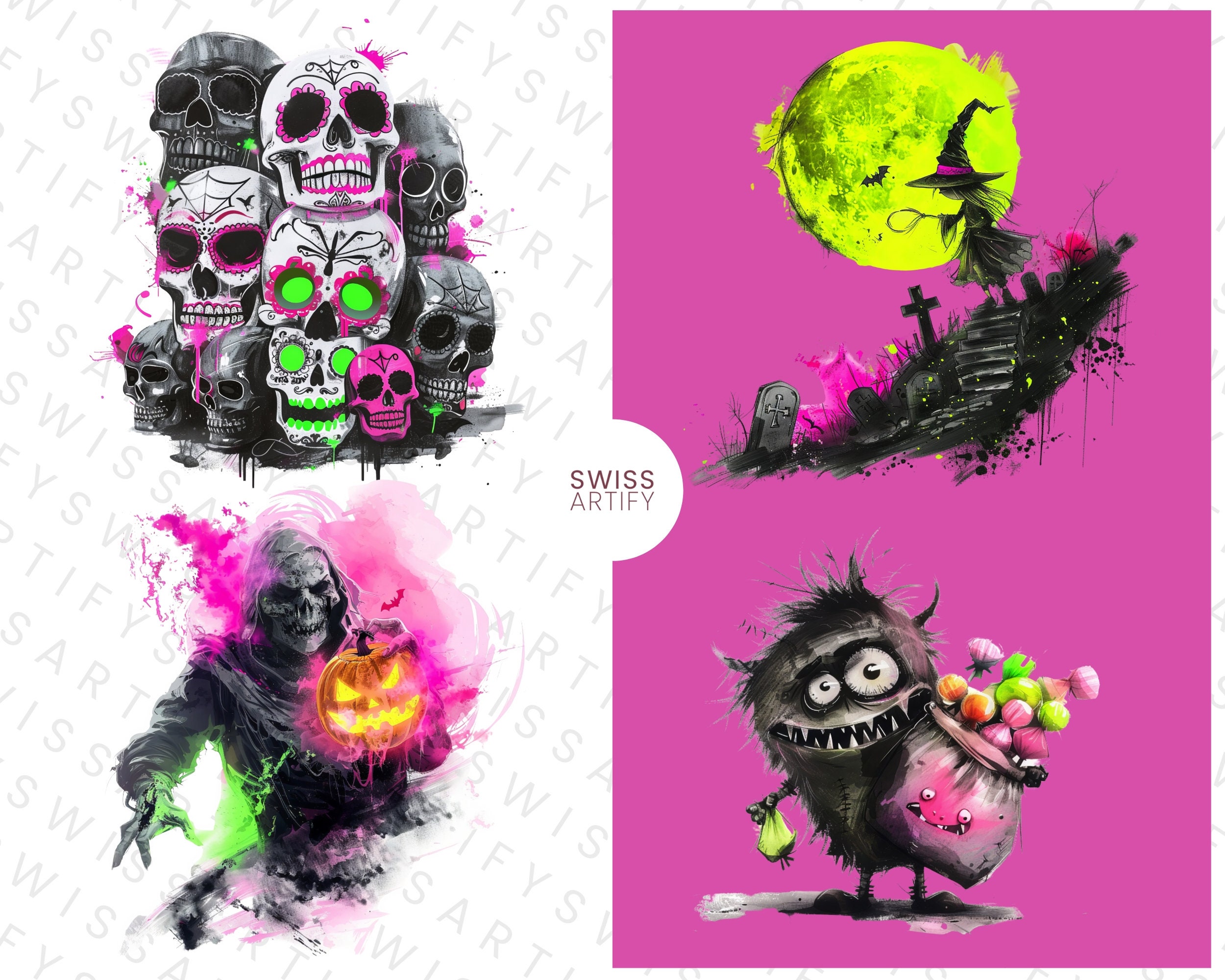 Halloween Clipart Bundle, Neon Color Images, Digital Cliparts, Spooky ...