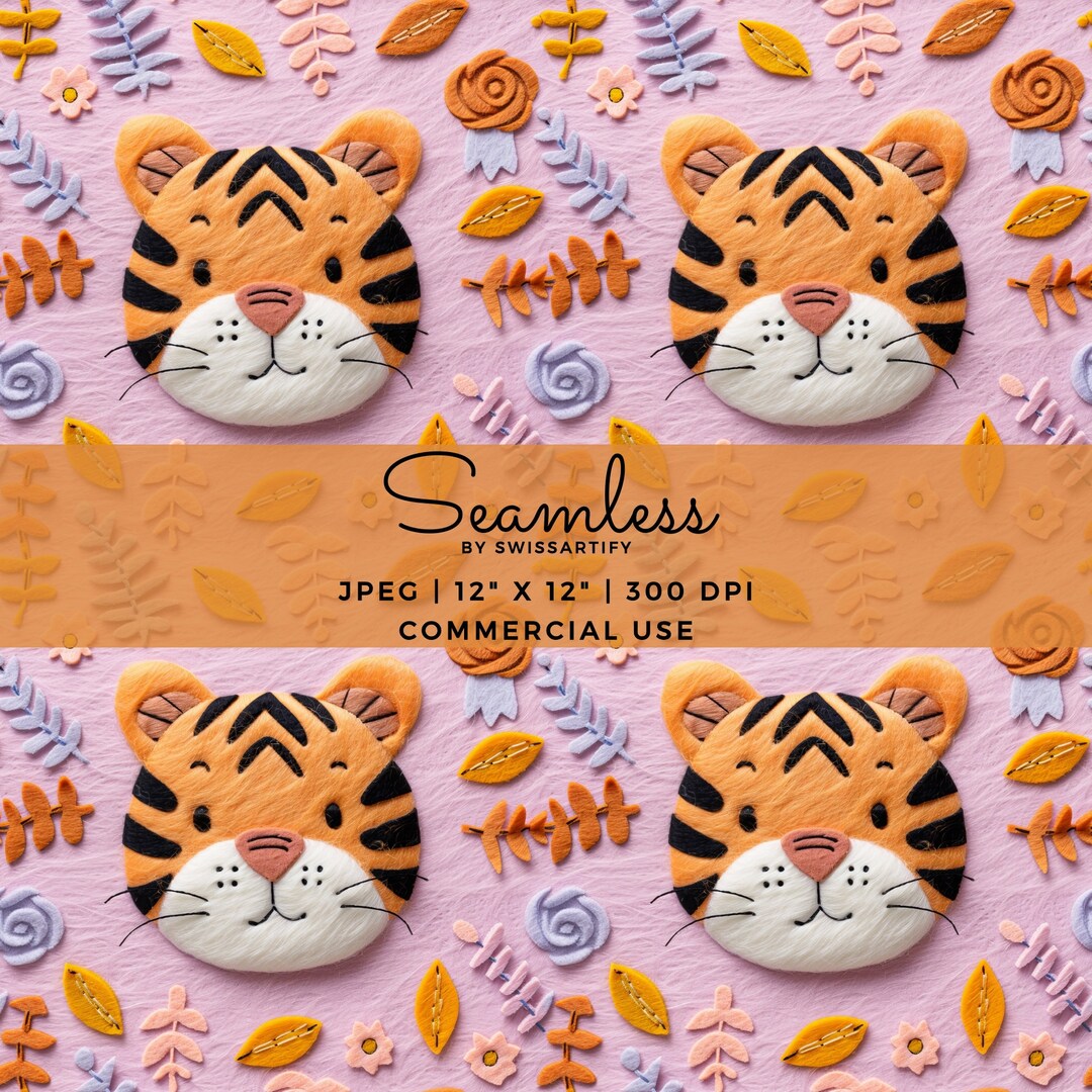 Seamless Tiger Head | 3D Repeating Design | Nursery Felt Texture | Faux ...