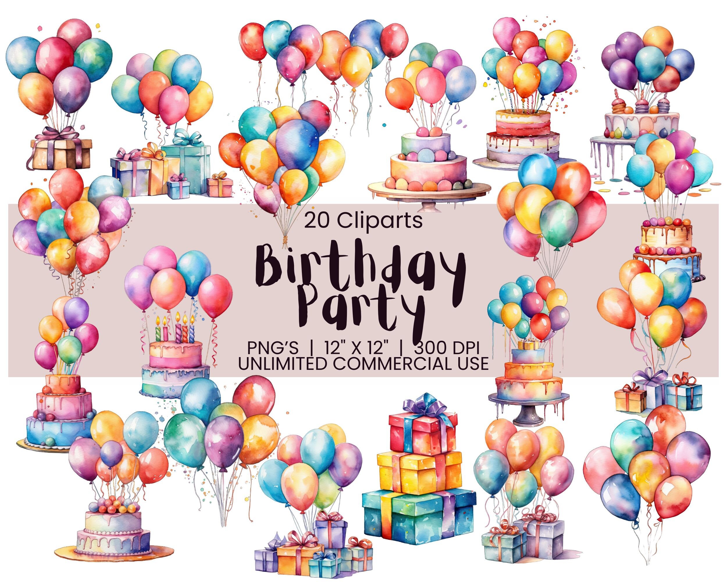 Birthday Party Clipart Bundle Watercolor Cake Presents - Etsy