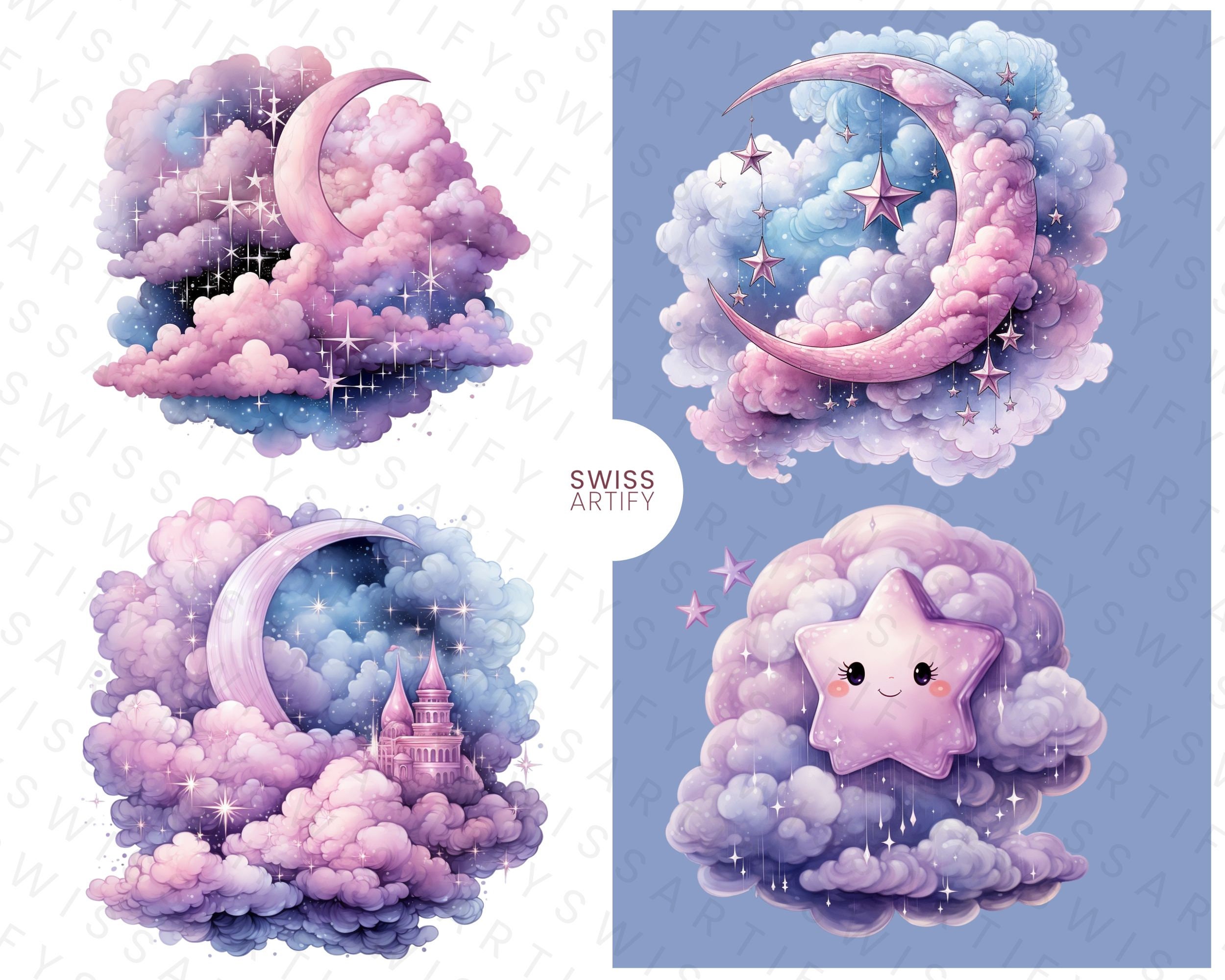 Nursery Watercolor Clipart Bundle Pastel Color Images Cute Moon and ...