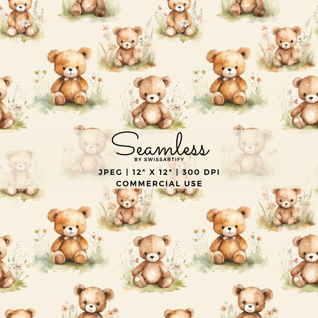 Teddy Bear Pattern, Seamless Digital Paper, Watercolor Teddybear ...