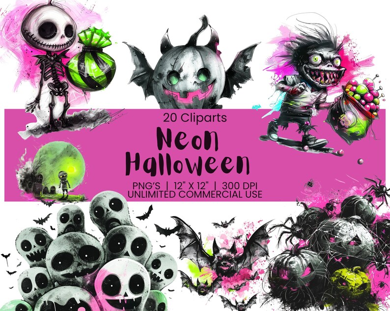 Halloween Clipart Bundle, Neon Color Images, Digital Cliparts, Spooky ...