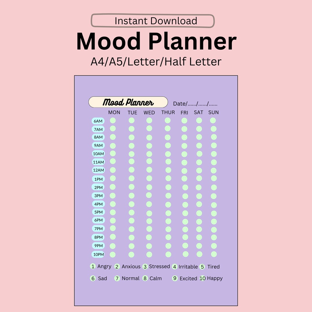 Mood Tracker, Hourly Planner, Mood Chart, A4/a5/letter/half Letter ...
