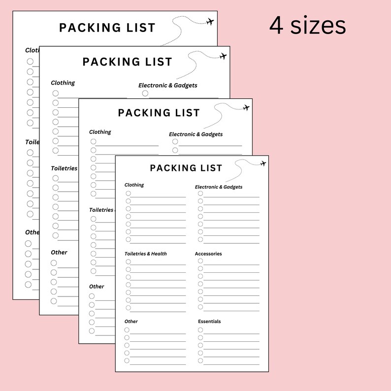 Travel Packing List, Electronics, Clothes, Shoes, A4/a5/letter/half ...