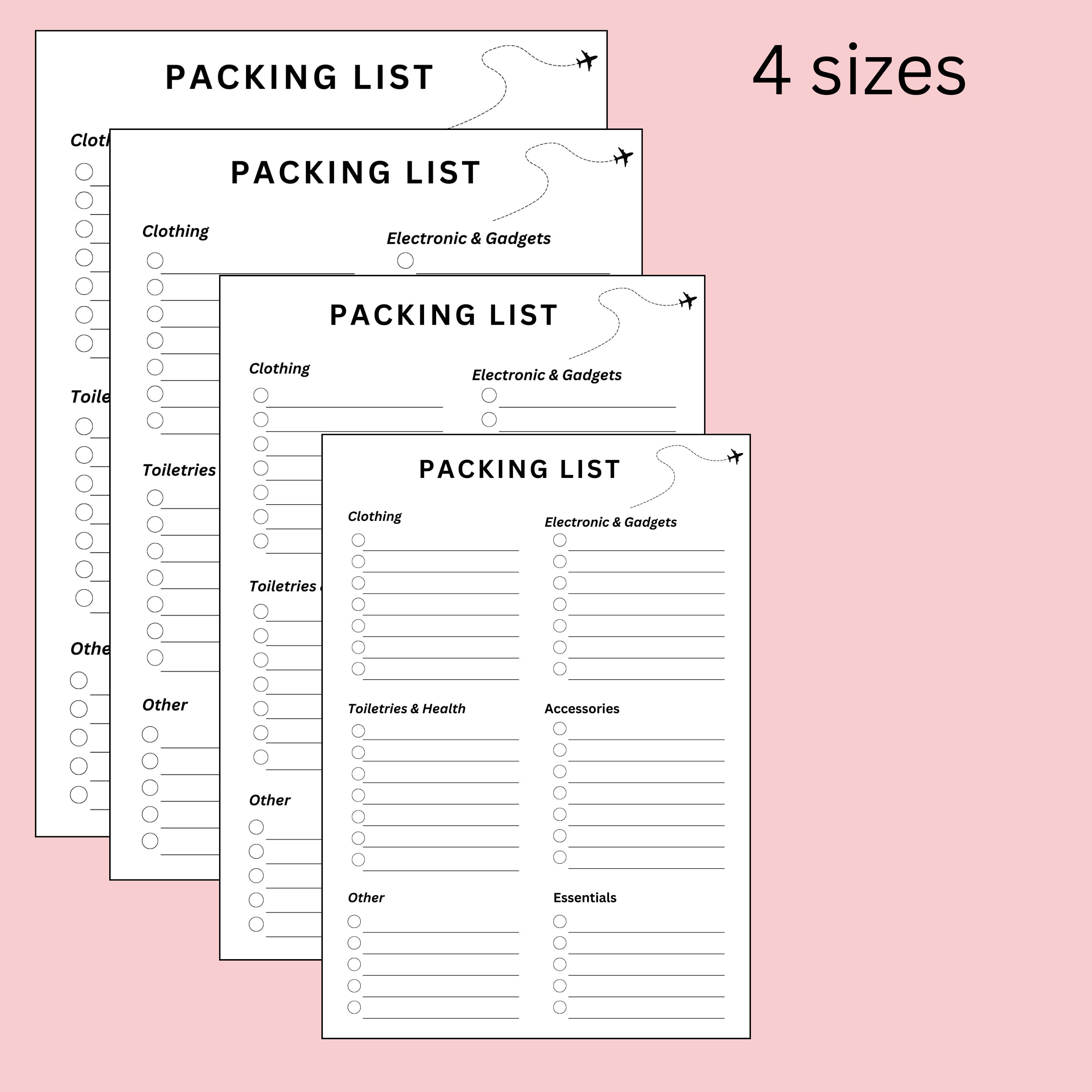 Travel Packing List, Electronics, Clothes, Shoes, A4/a5/letter/half ...