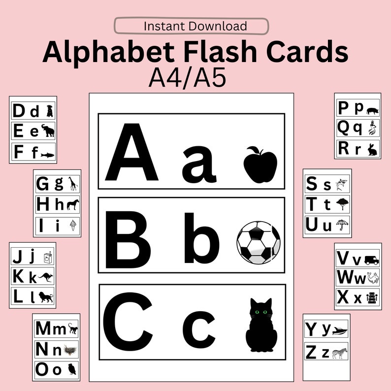 Alphabet Flash Cards, Children Visual Learning, A4/A5/ Instant Download ...