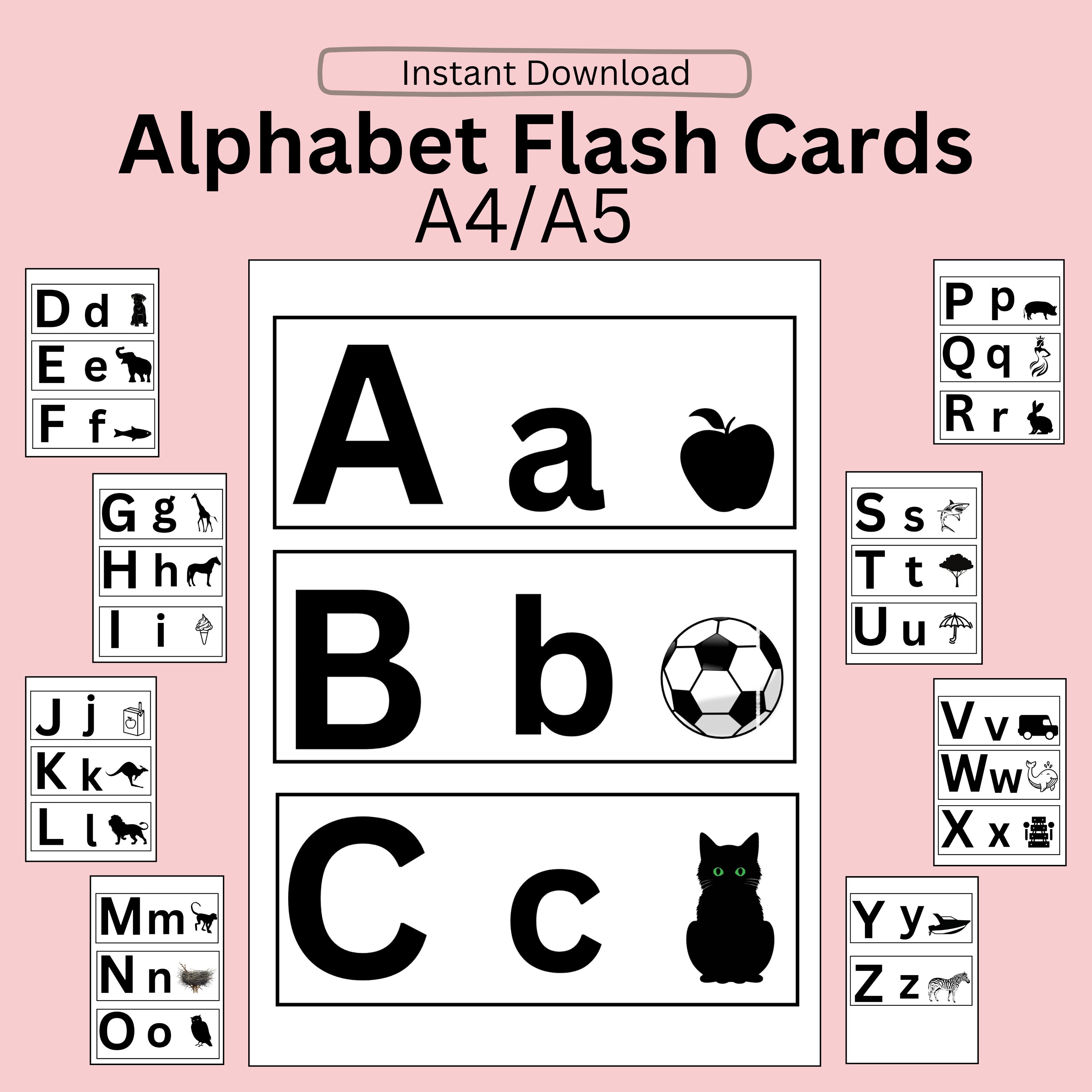 Alphabet Flash Cards, Children Visual Learning, A4/A5/ Instant Download ...