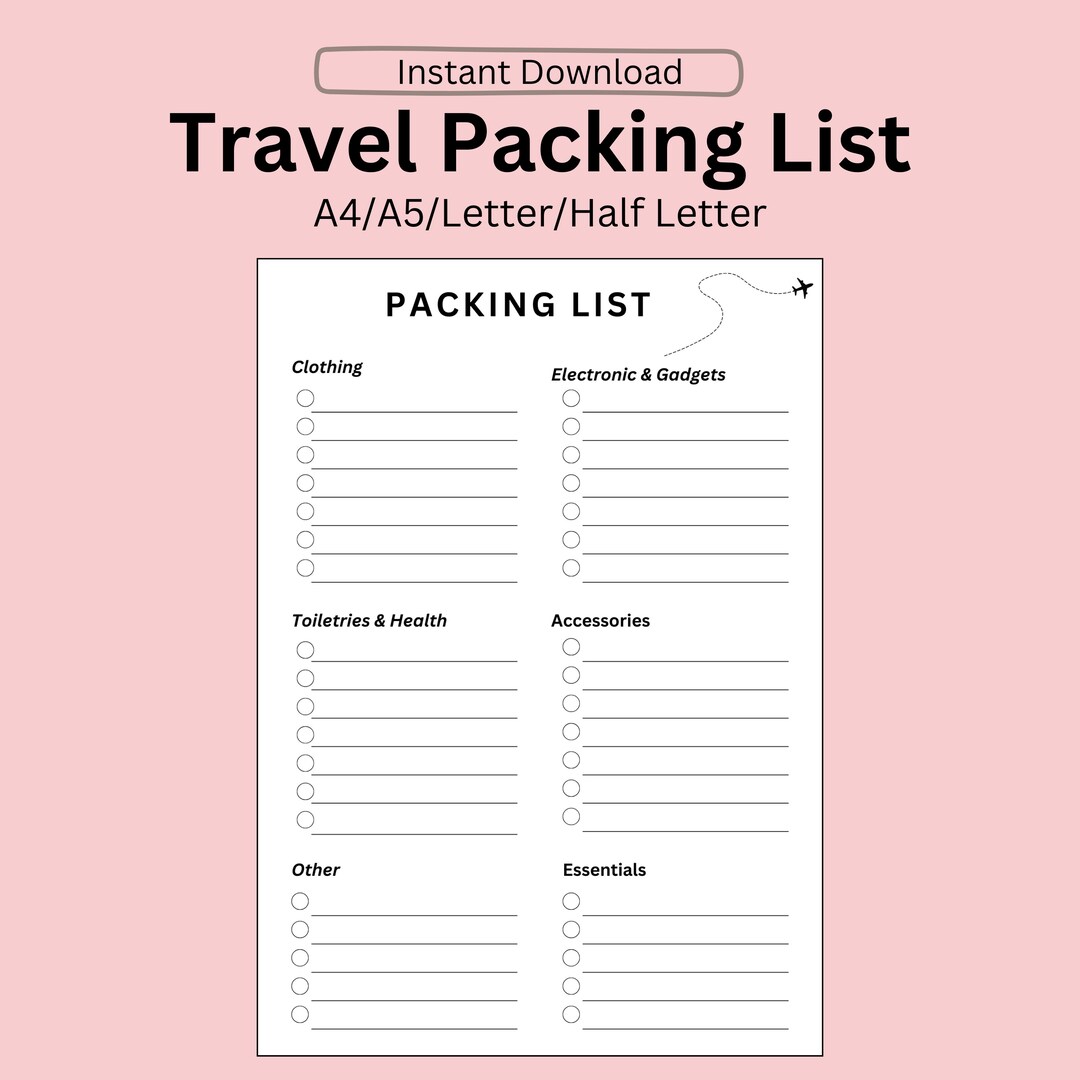 Travel Packing List, Electronics, Clothes, Shoes, A4/a5/letter/half ...