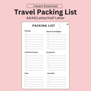 Travel Packing List, Electronics, Clothes, Shoes, A4/a5/letter/half ...