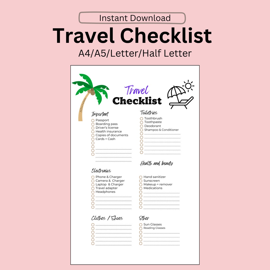 Travel Checklist, Family Holiday List, A4/a5/letter/ Half Letter ...
