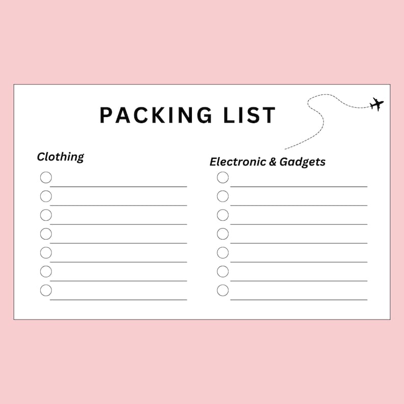 Travel Packing List, Electronics, Clothes, Shoes, A4/a5/letter/half ...