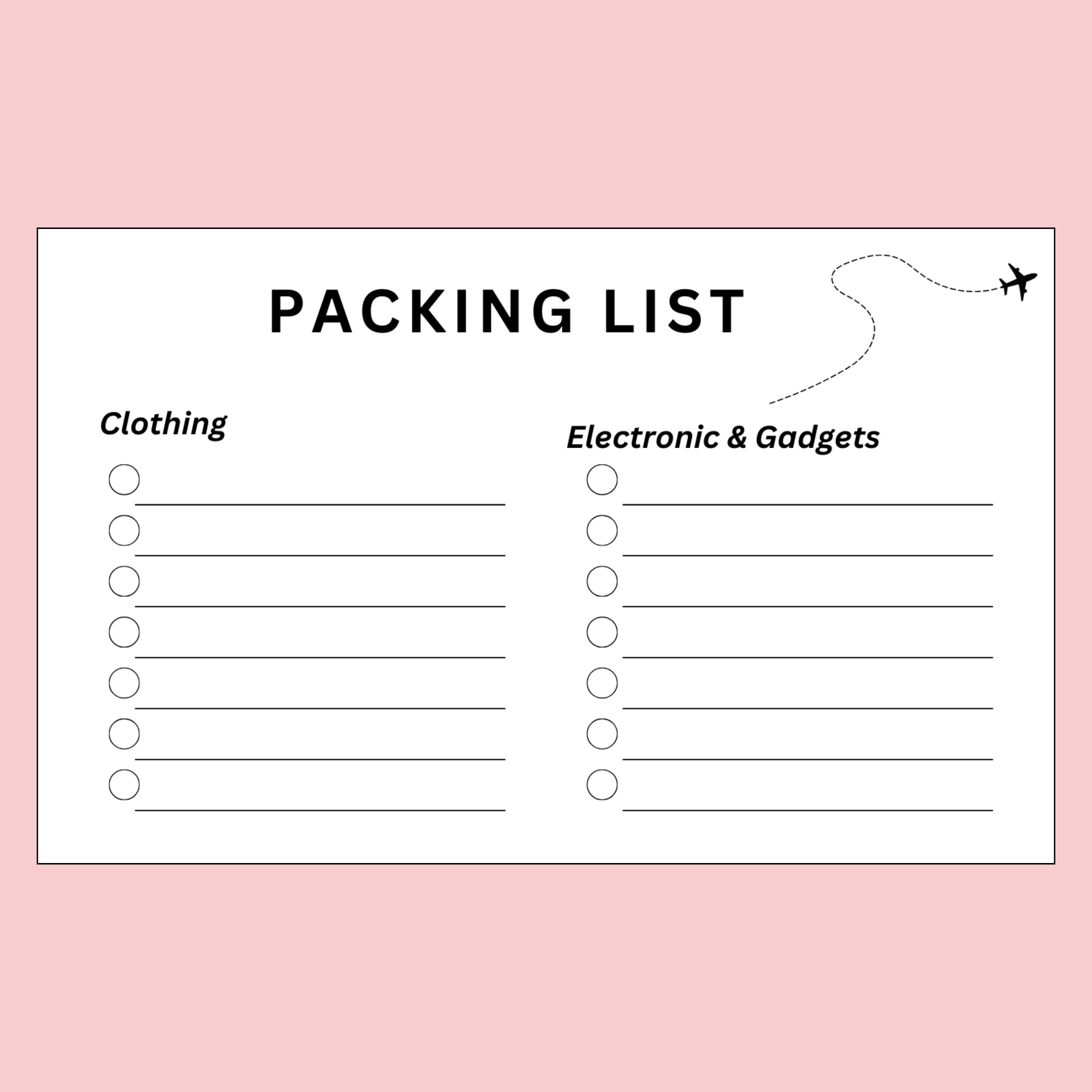 Travel Packing List, Electronics, Clothes, Shoes, A4/a5/letter/half ...