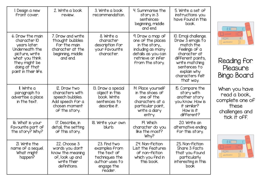 Reading for Pleasure Bingo Sheet - Etsy
