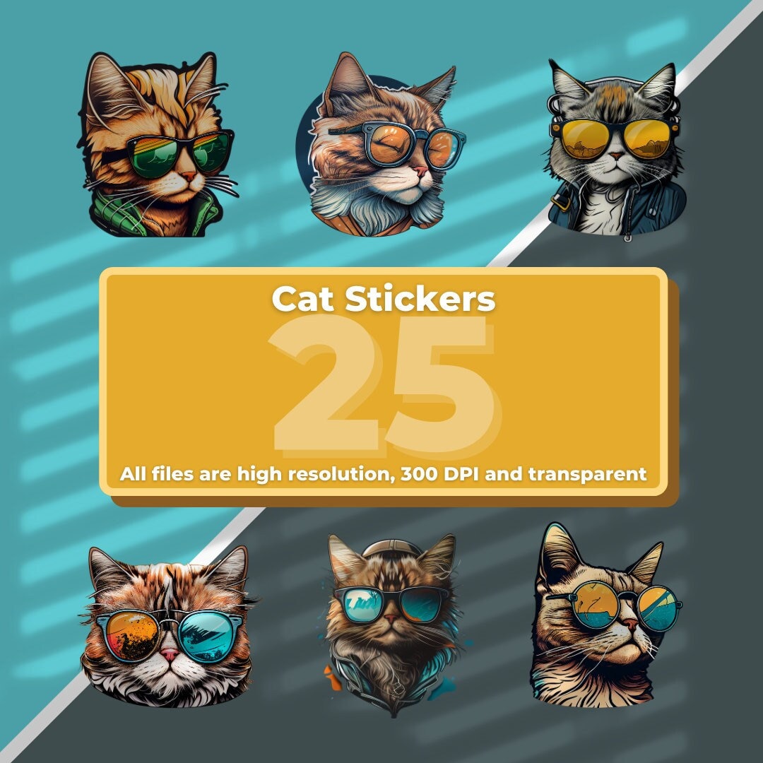 25 Cat Sticker Designs Ready to Print Transparent Background PNG ...